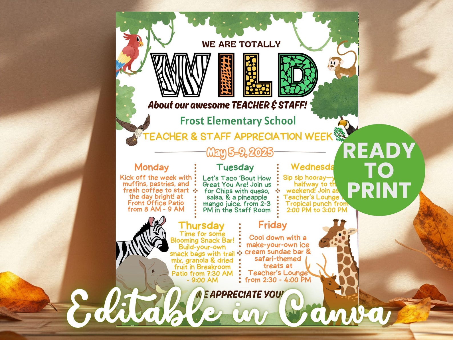 Jungle Teacher Appreciation Week Itinerary, Editable Template ...