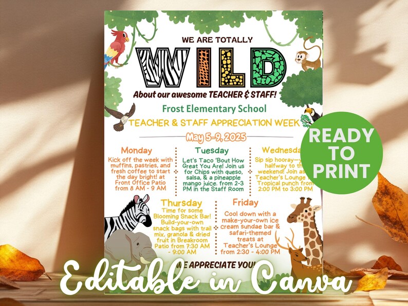 Jungle Teacher Appreciation Week Itinerary, Editable Template ...