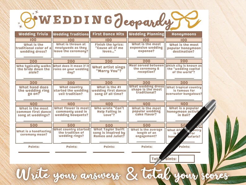 Elegant Brown Wedding Jeopardy Game Printable Wedding Reception Game ...