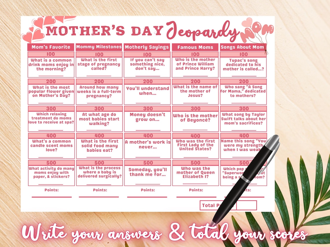 Printable Mothers Day Jeopardy Game Sheet Template Mother's Day Trivia ...