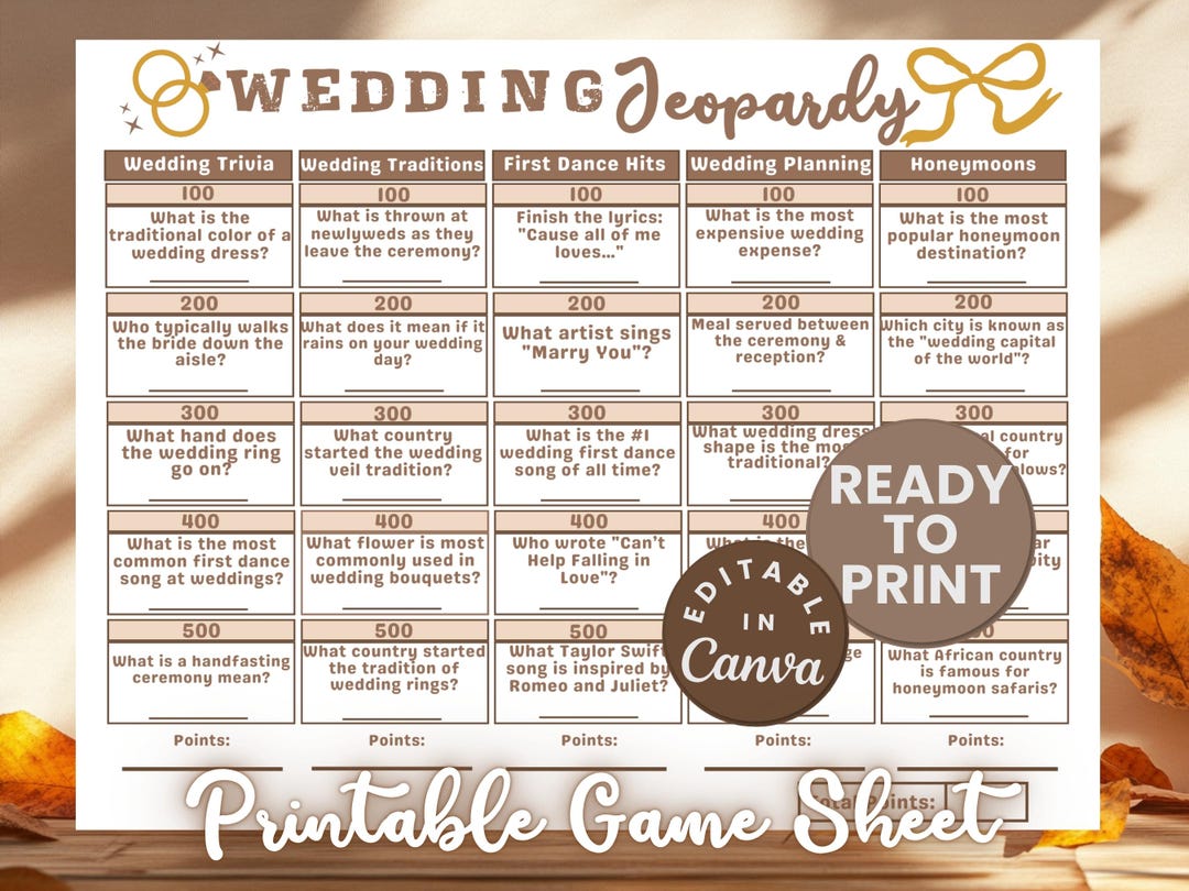 Elegant Brown Wedding Jeopardy Game Printable Wedding Reception Game ...