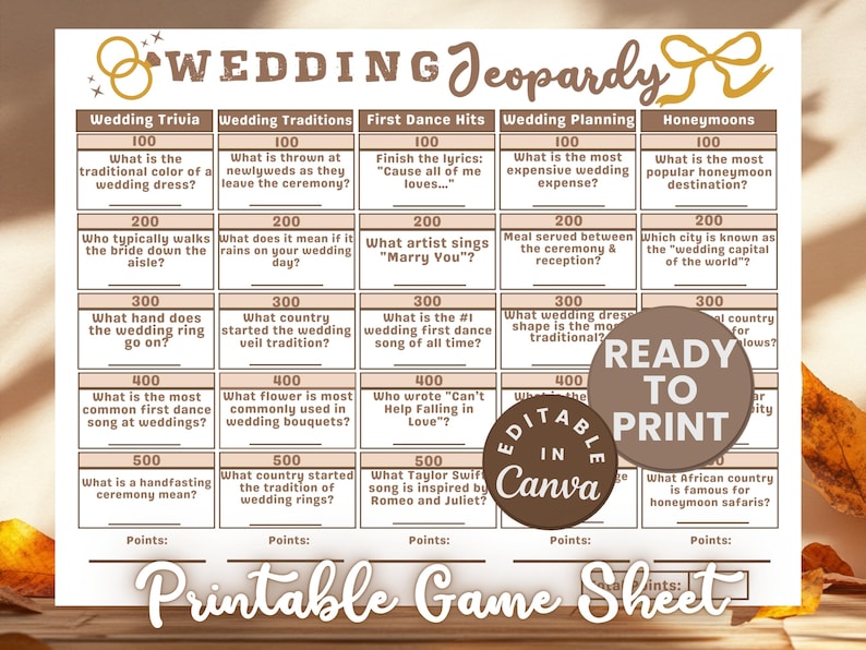Elegant Brown Wedding Jeopardy Game Printable Wedding Reception Game ...