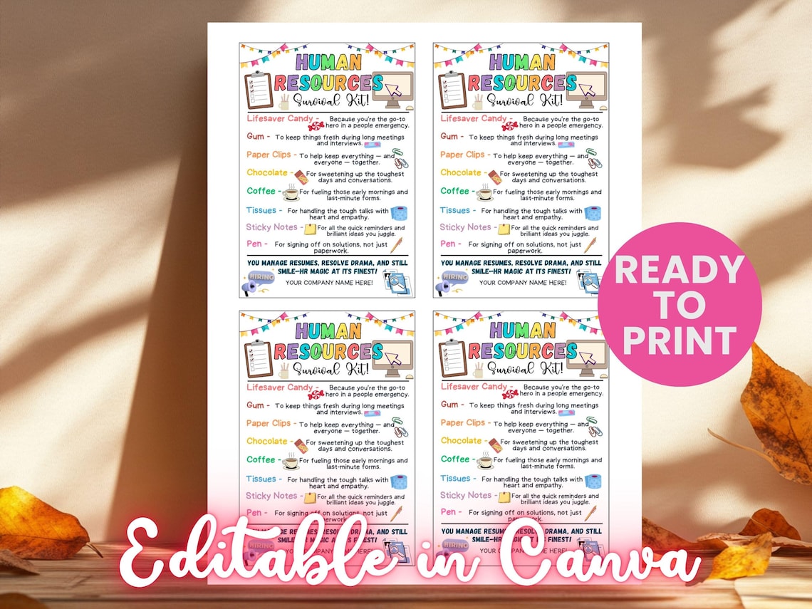 Human Resources Survival Kit, Editable Gift Tags for Admins, Fun Work ...