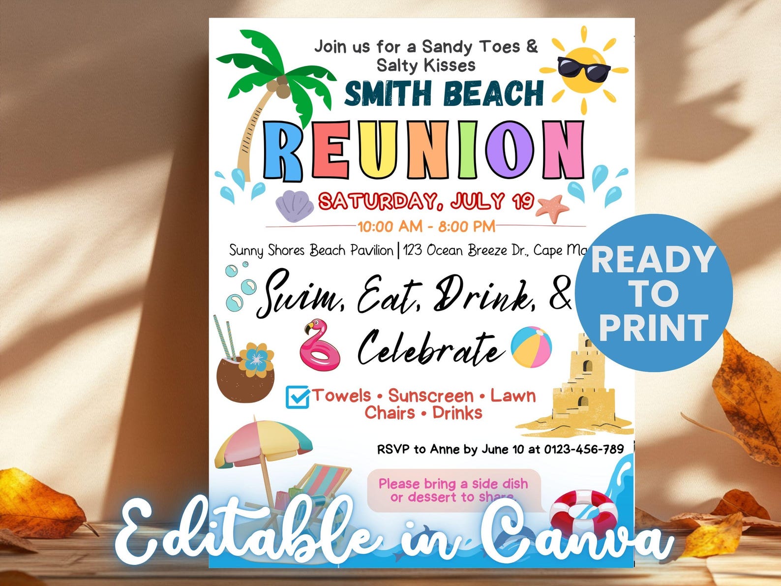 Beach Family Trip Reunion Flyer, Editable Summer Reunion Canva Template ...