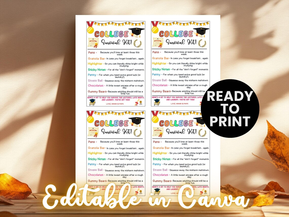 College Survival Kit, Editable Canva Template for Graduation Gift ...