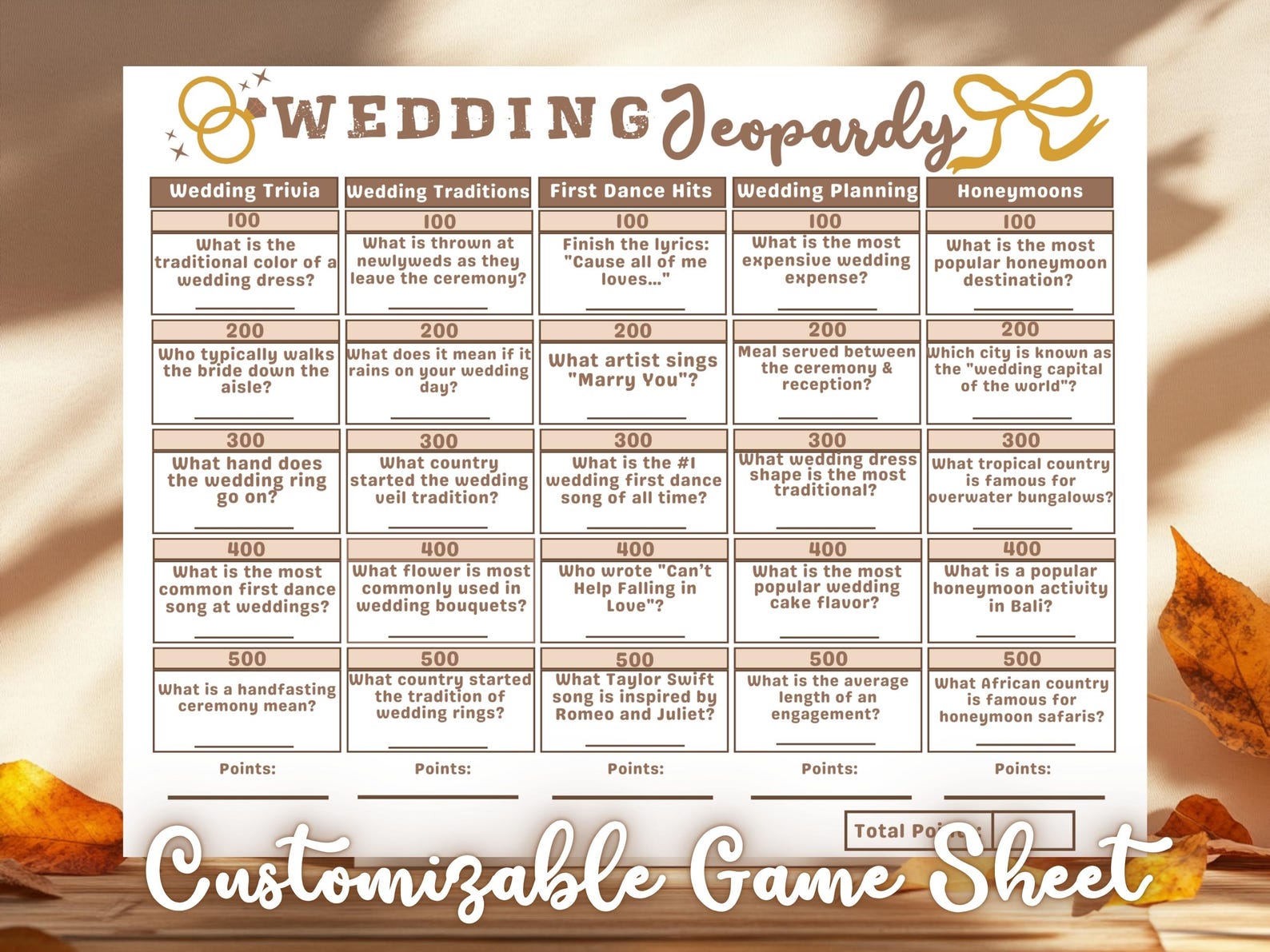Elegant Brown Wedding Jeopardy Game Printable Wedding Reception Game ...