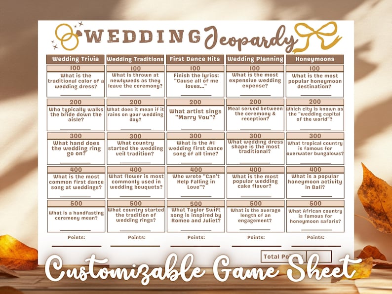 Elegant Brown Wedding Jeopardy Game Printable Wedding Reception Game ...