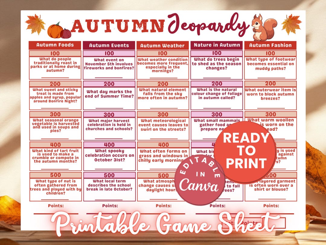 Autumn Jeopardy Game Sheet Printable Fun Holiday Family Trivia Fall ...