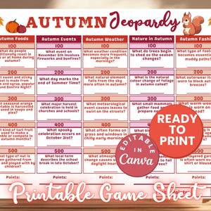 Autumn Jeopardy Game Sheet Printable Fun Holiday Family Trivia Fall ...