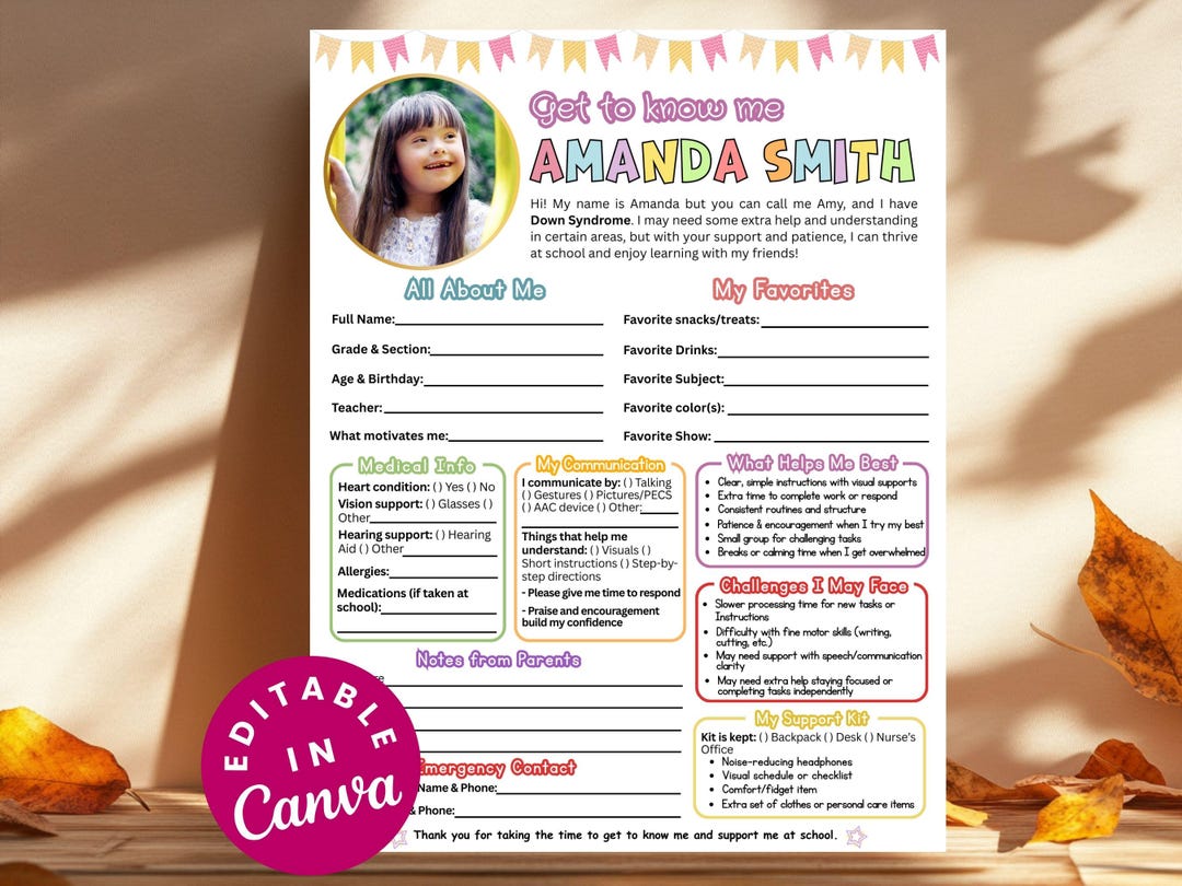 All About Me Special Needs Down Syndrome Kids Information Sheet Student ...