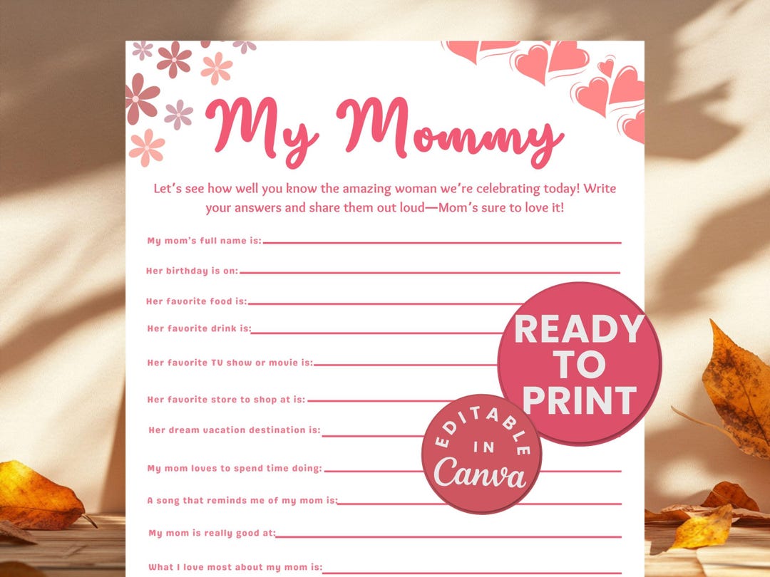 All About Mom Printable Mothers Day Card Kids Activity for Mom Birthday ...
