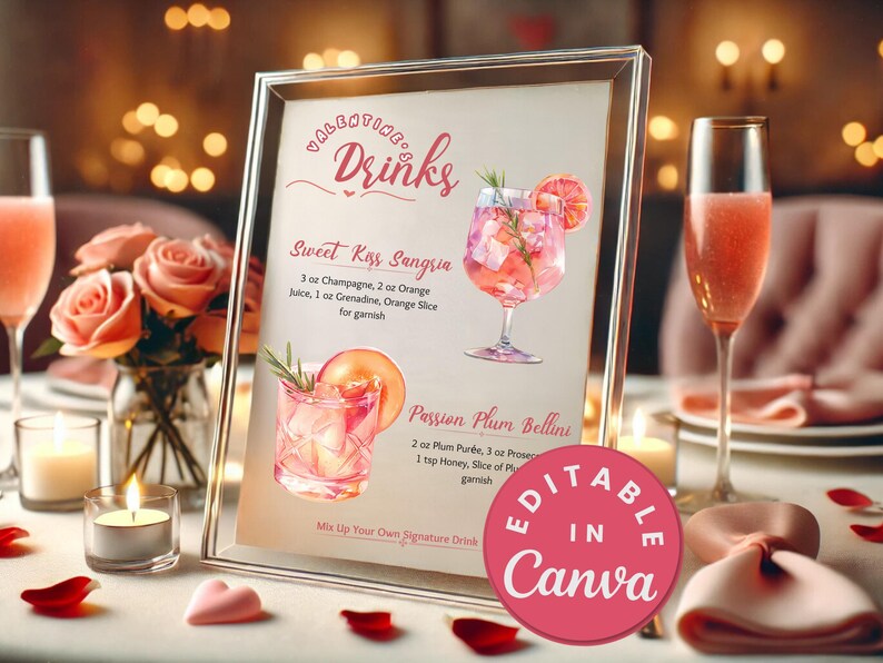 20 Valentine's Day Cocktail Recipe Sign Card Galentines Party Menu ...