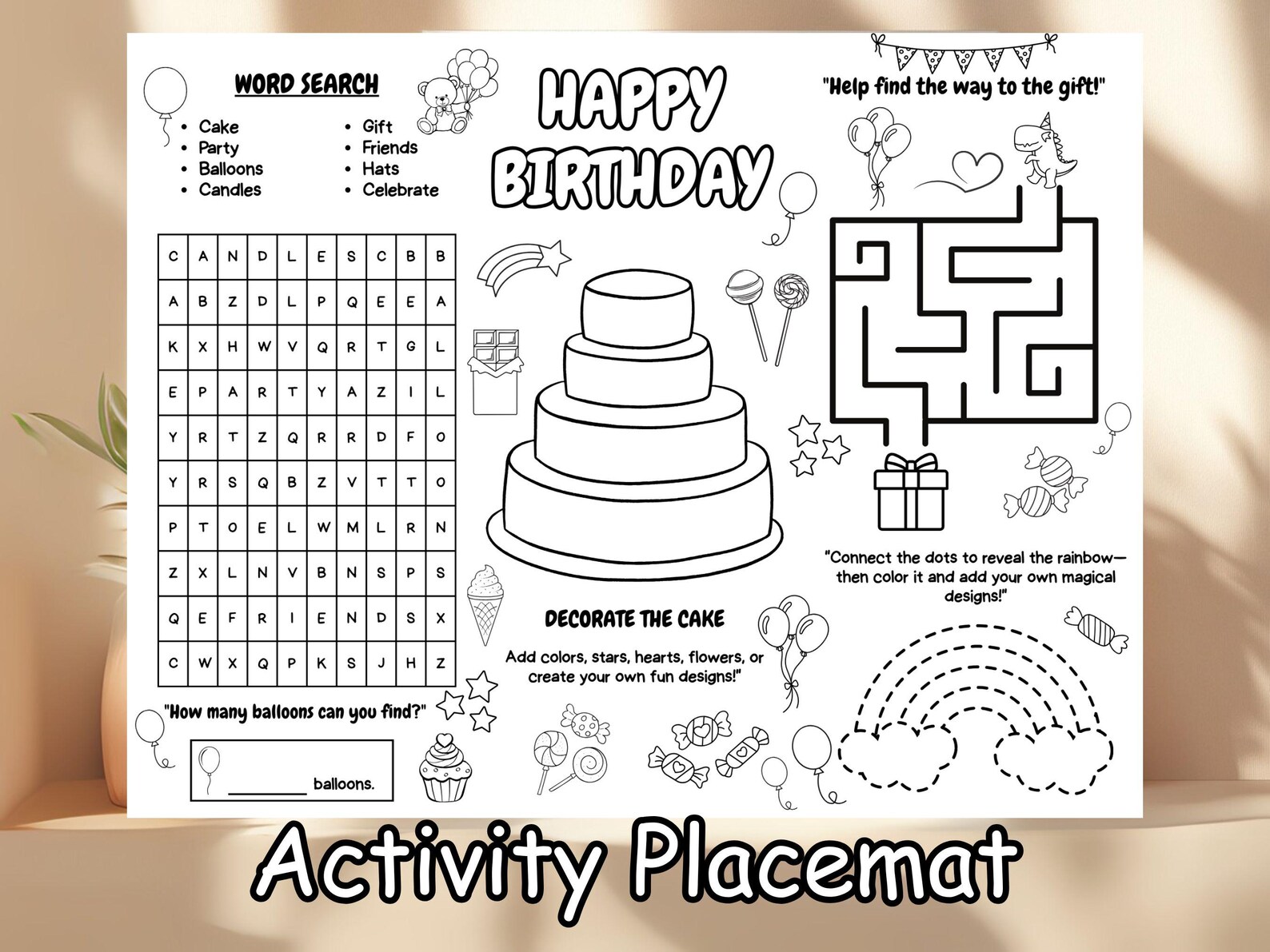 Birthday Party Coloring Activity Placemat for Kids Activity Sheet, Fun ...