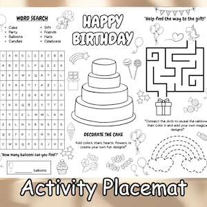 Birthday Party Coloring Activity Placemat for Kids Activity Sheet, Fun ...