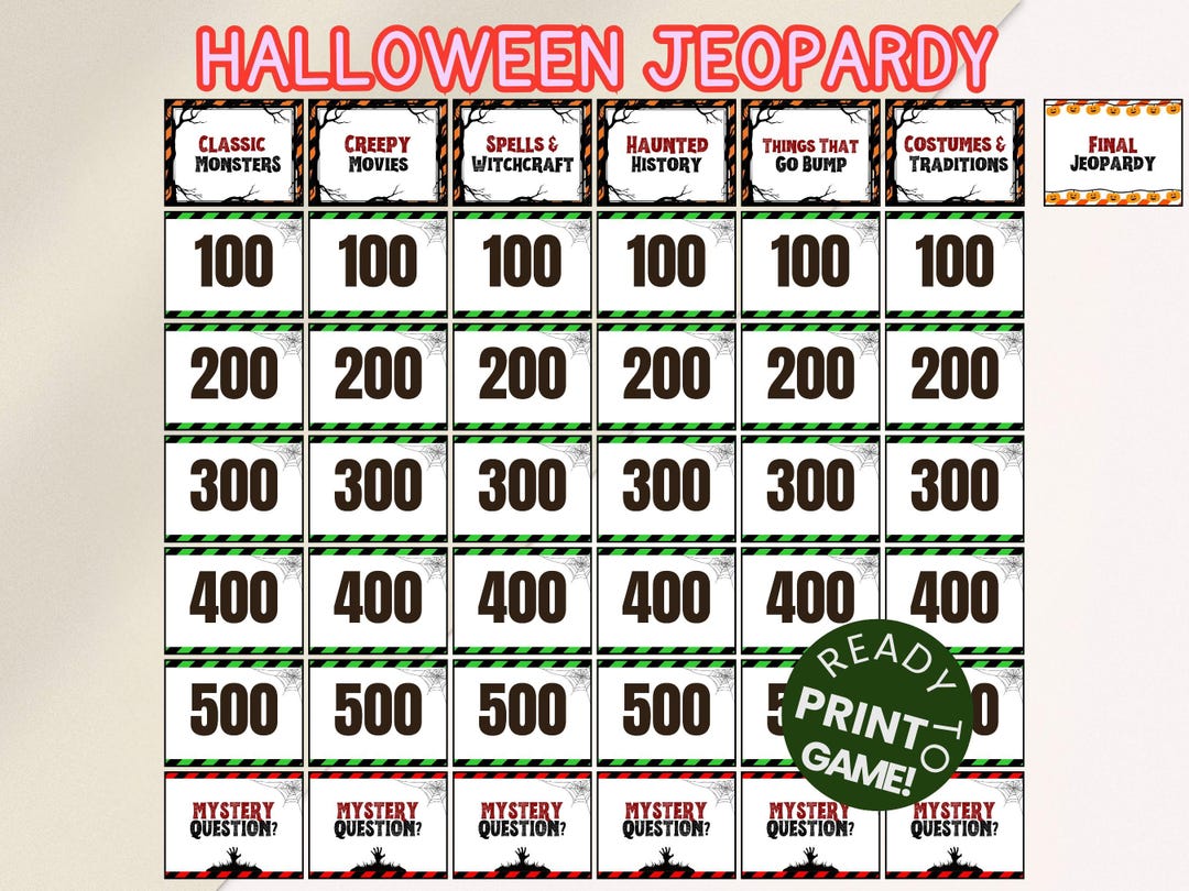 Printable Halloween Trivia Jeopardy Game Sheet Holiday Trivia Fun ...