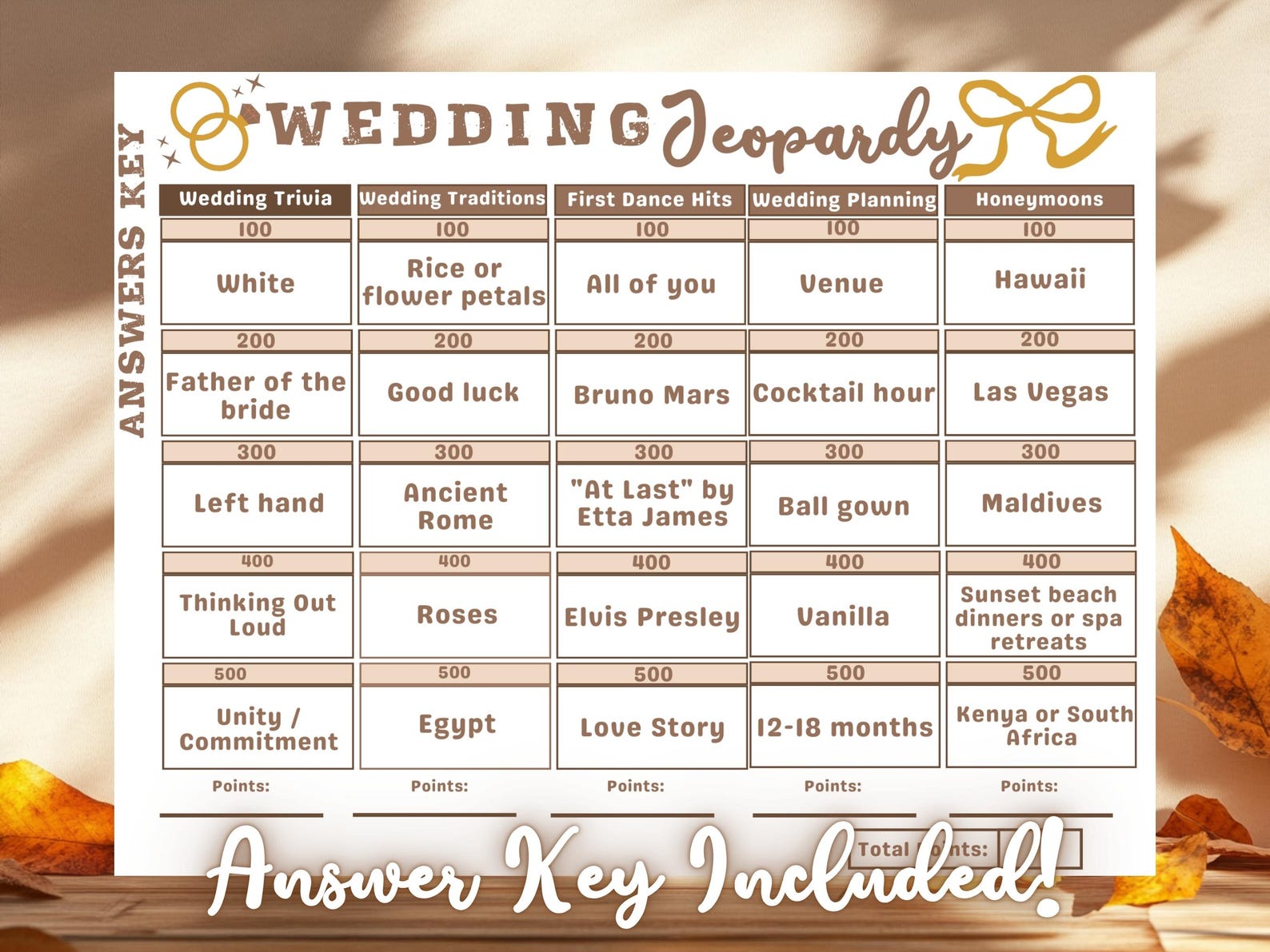Elegant Brown Wedding Jeopardy Game Printable Wedding Reception Game ...