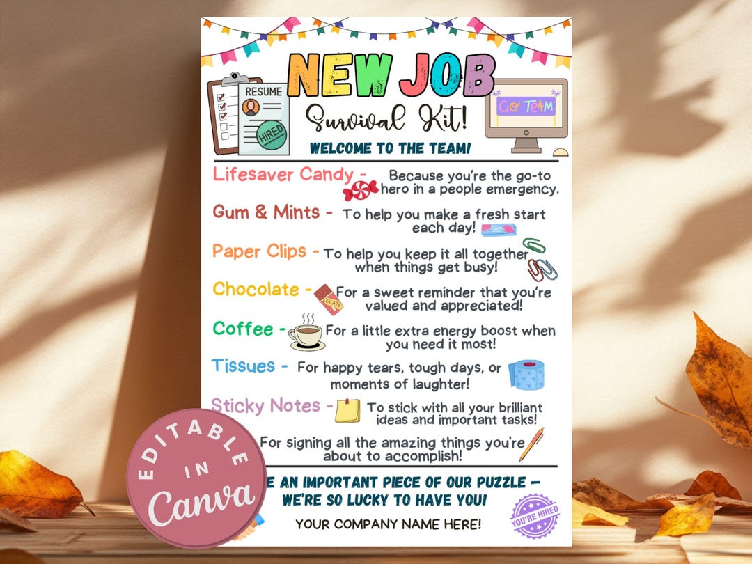 New Job Survival Kit Tags, Employee Welcome Gift, First Job Essentials ...