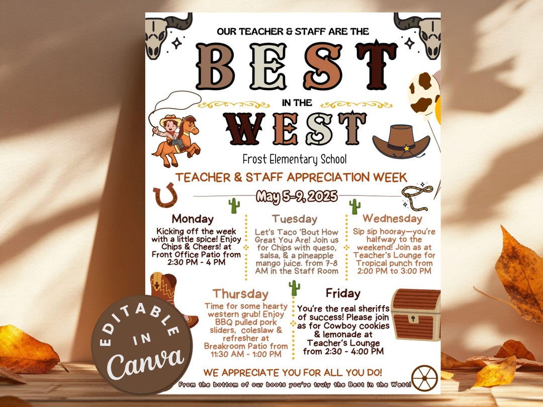 Western Teacher Appreciation Week Editable Itinerary, Printable ...