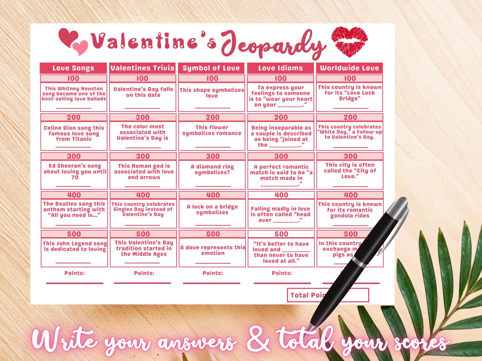 Galentines Jeopardy Game Sheet Valentine's Day Jeopardy Game Printable ...
