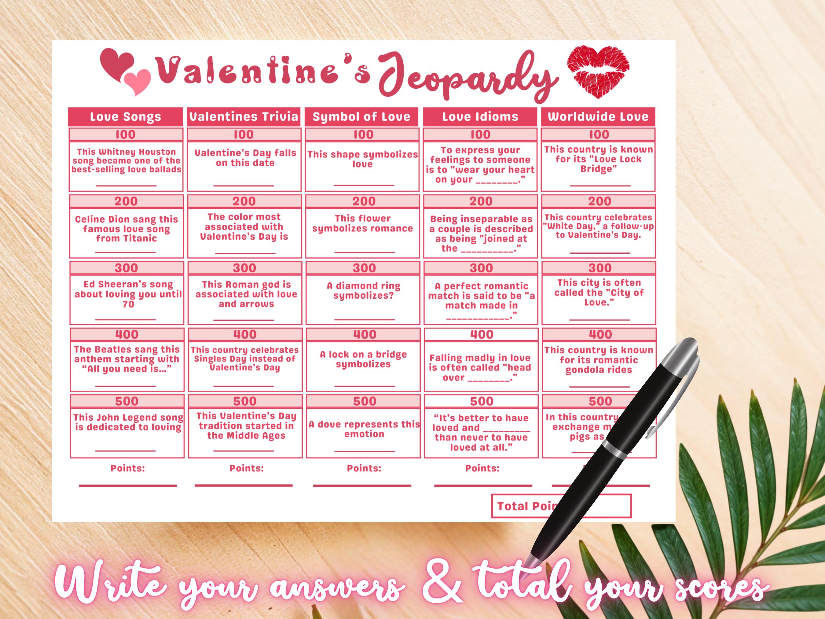 Galentines Jeopardy Game Sheet Valentine's Day Jeopardy Game Printable ...