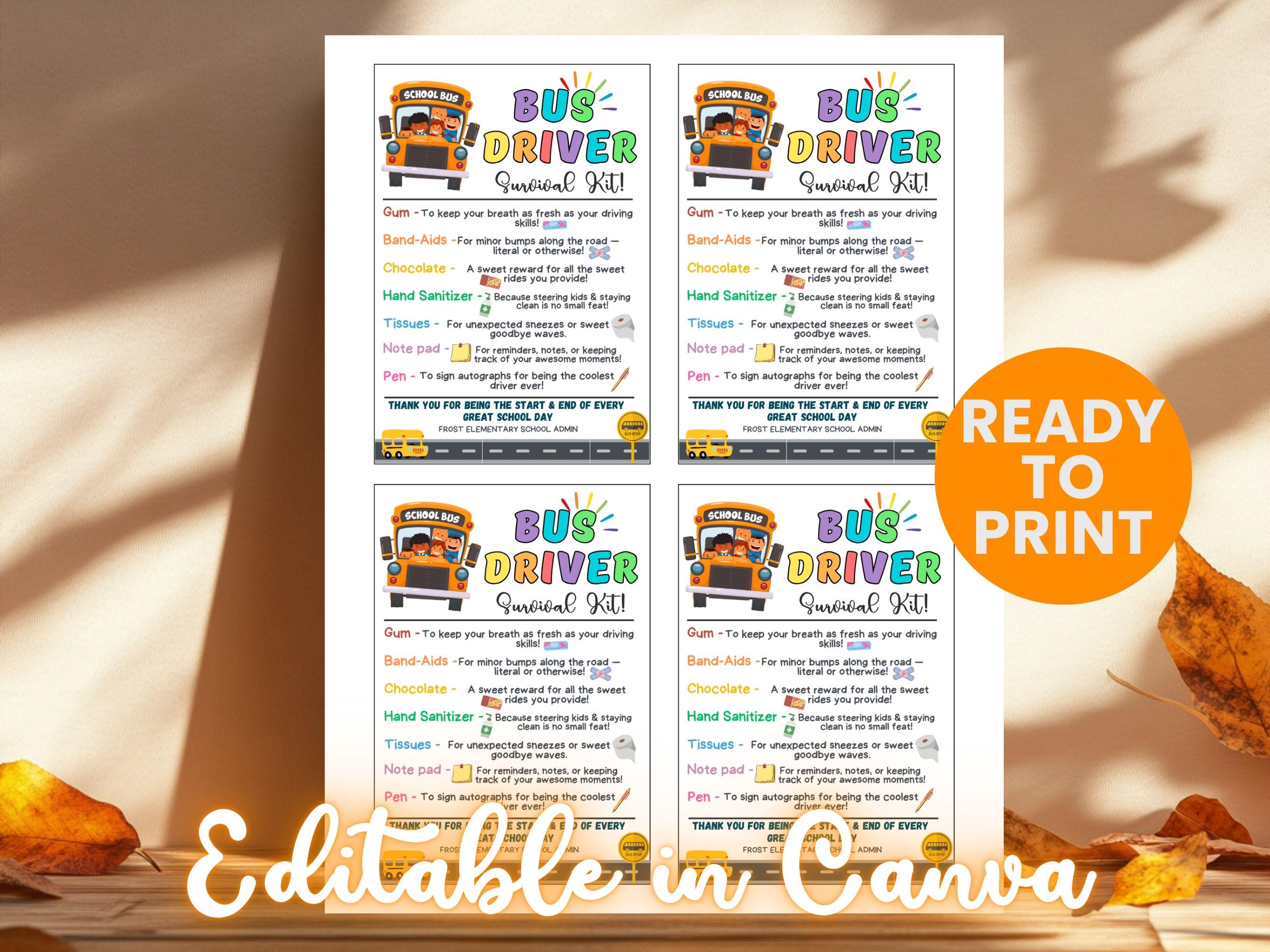 Bus Driver Survival Kit Printable Gift Tag, Editable Thank You Card ...