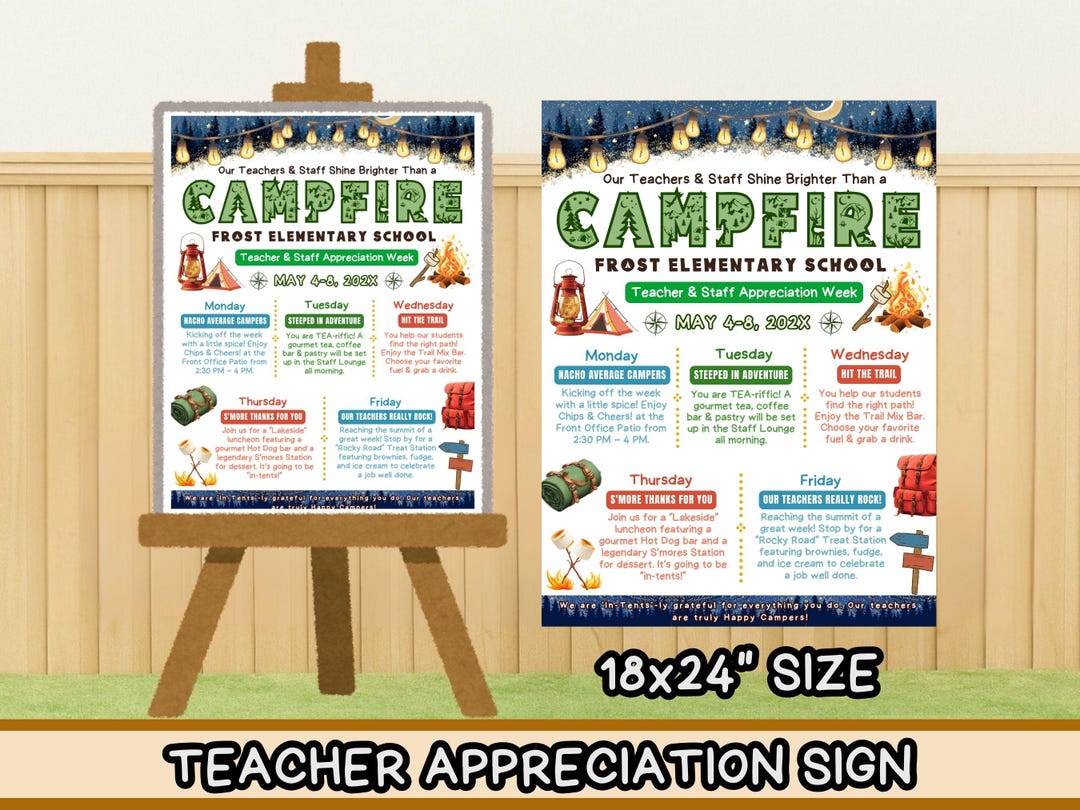 Camp Theme Signage Teacher Appreciation Week Itinerary Poster, Editable ...