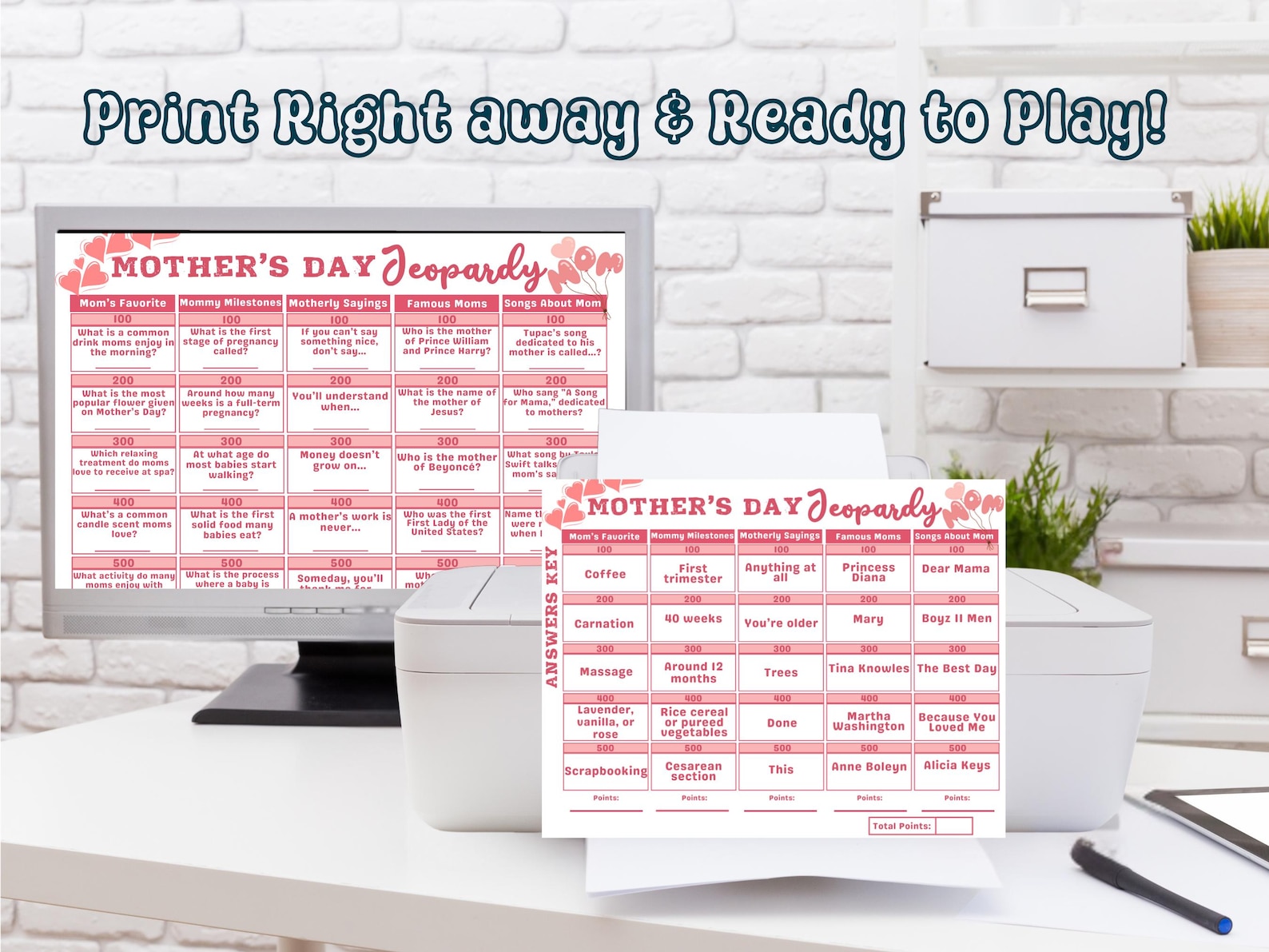 Printable Mothers Day Jeopardy Game Sheet Template Mother's Day Trivia ...