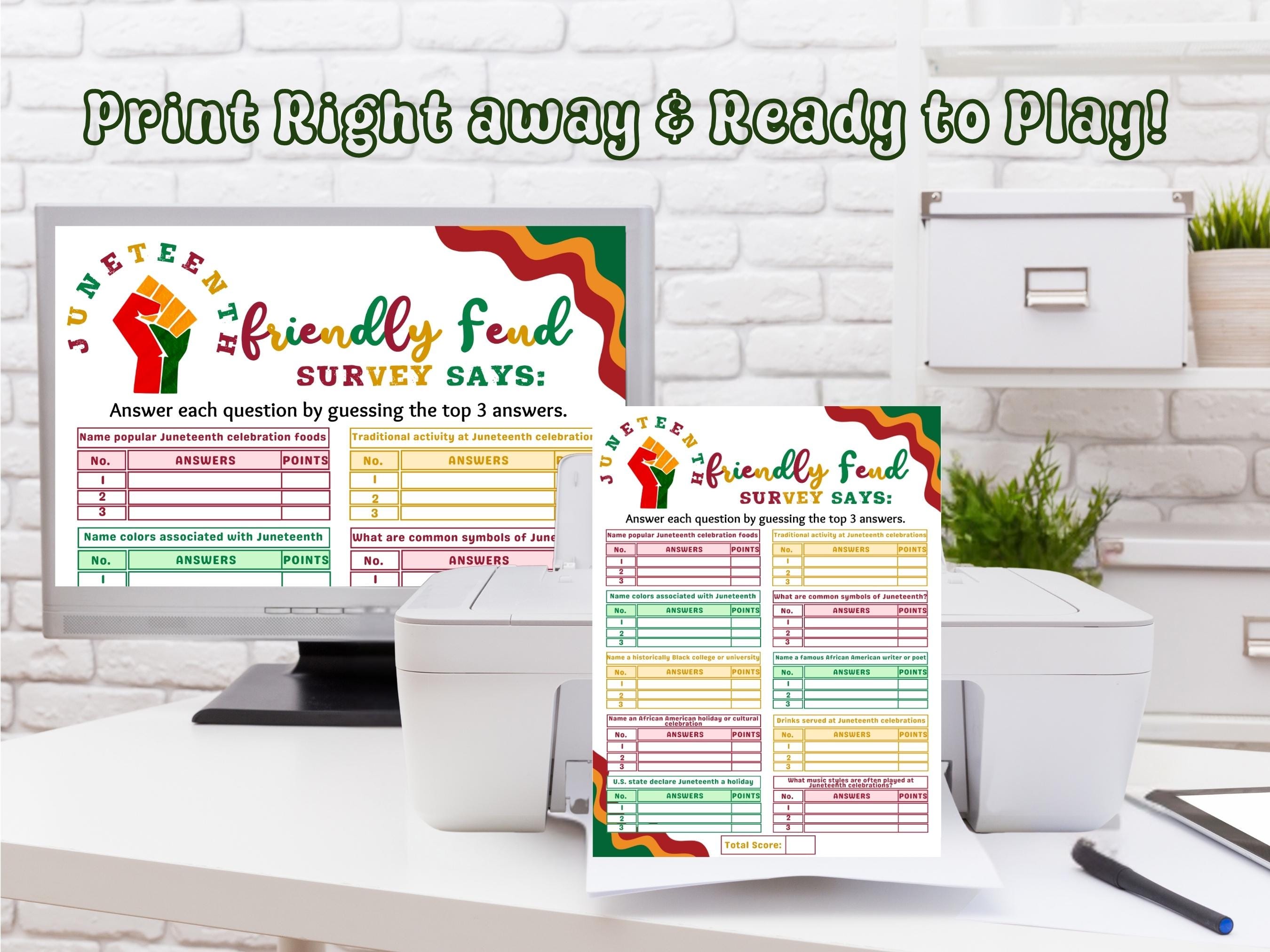 Juneteenth Friendly Feud Game Sheet Printable Family Holiday Party ...