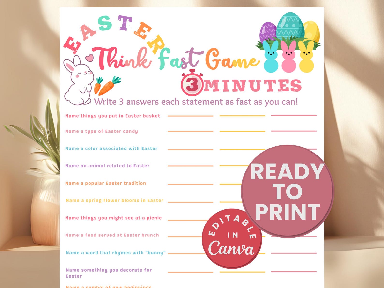 DIY Think Fast Game Easter Printable Kids Summer Activity Easter ...