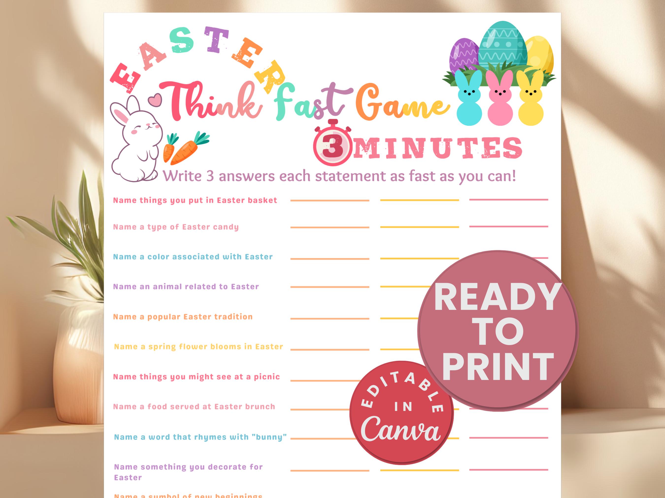 DIY Think Fast Game Easter Printable Kids Summer Activity Easter ...
