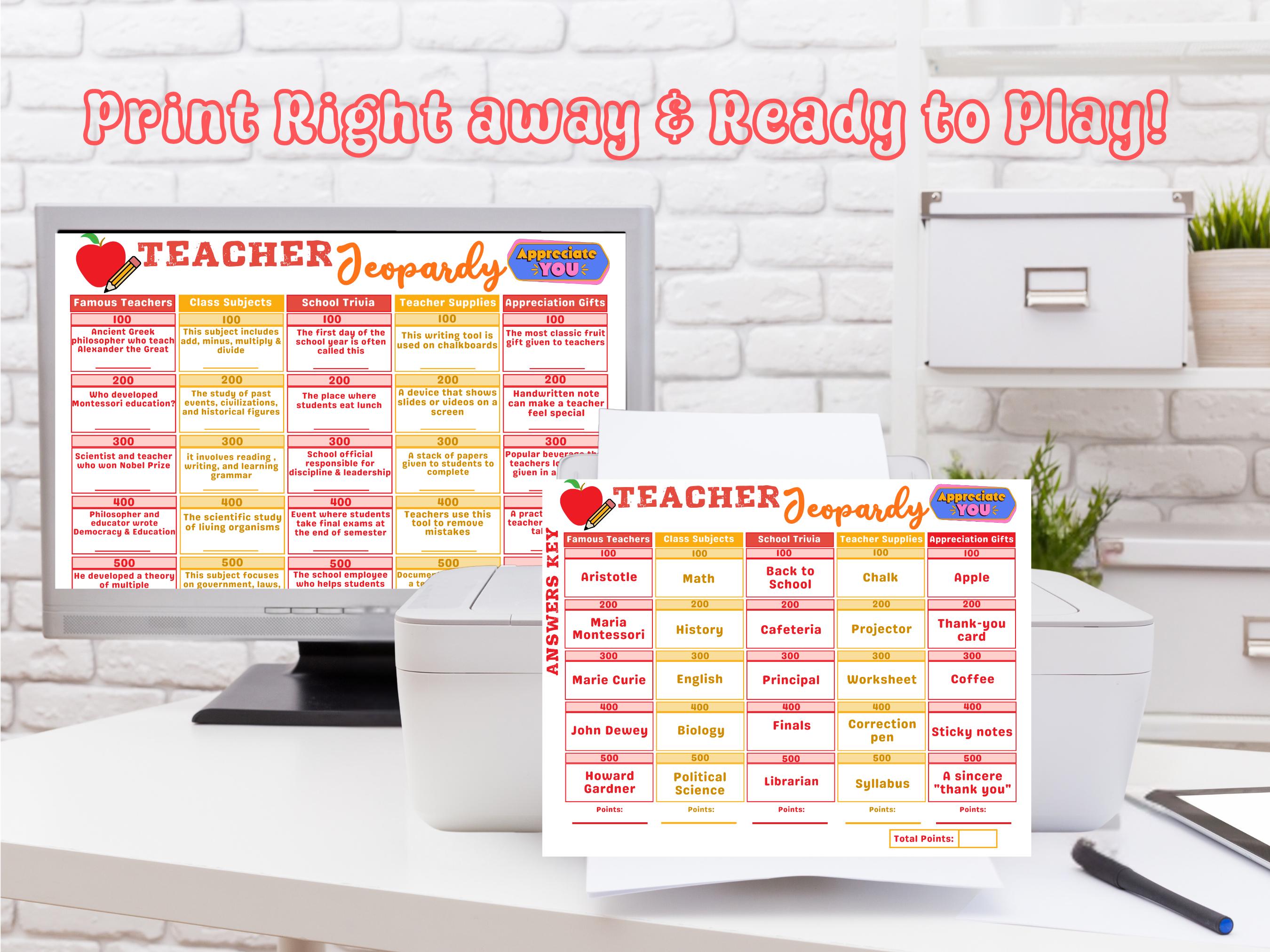 Teacher Appreciation Week Printable Jeopardy Game Teacher Trivia ...