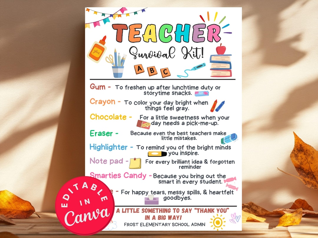 Teacher Survival Kit Tag, Editable Gift Tag for Teacher Appreciation ...