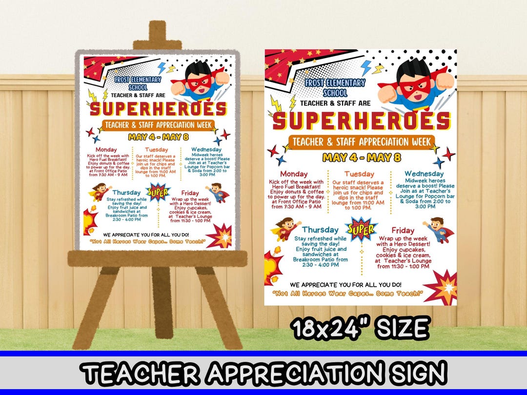 Superhero Signage Teacher Appreciation Week Itinerary Editable Super ...