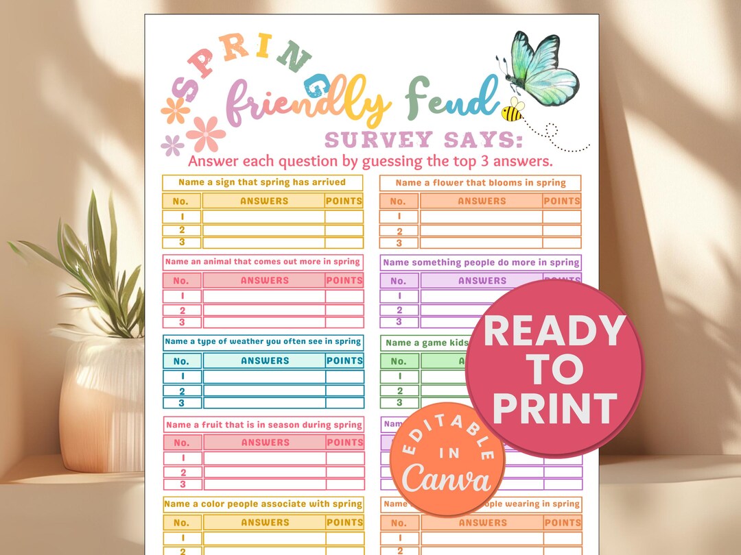 Spring Friendly Feud Game Sheet Printable Spring Easter Feud Games Kids ...