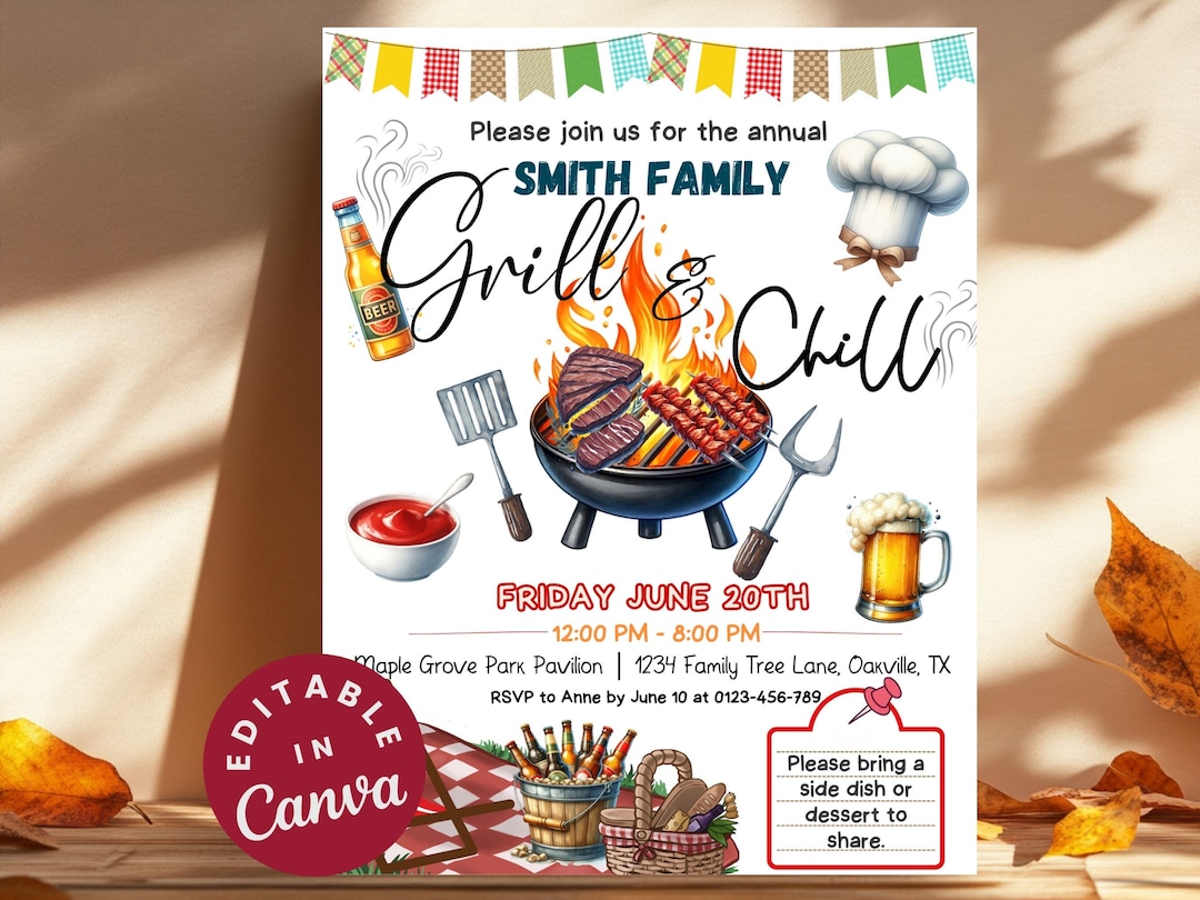 Grill and Chill Flyer Family Reunion BBQ Invites, Editable BBQ ...