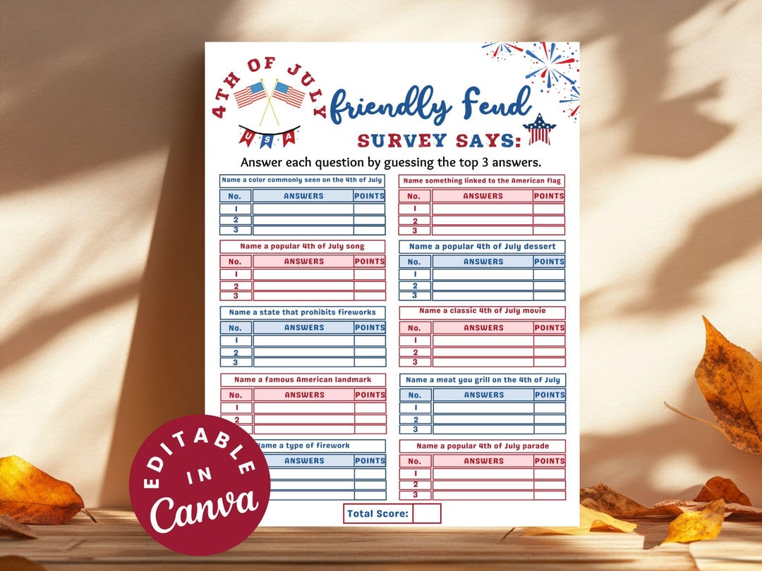 4th of July Friendly Feud Game Sheet, Printable Family Trivia for ...