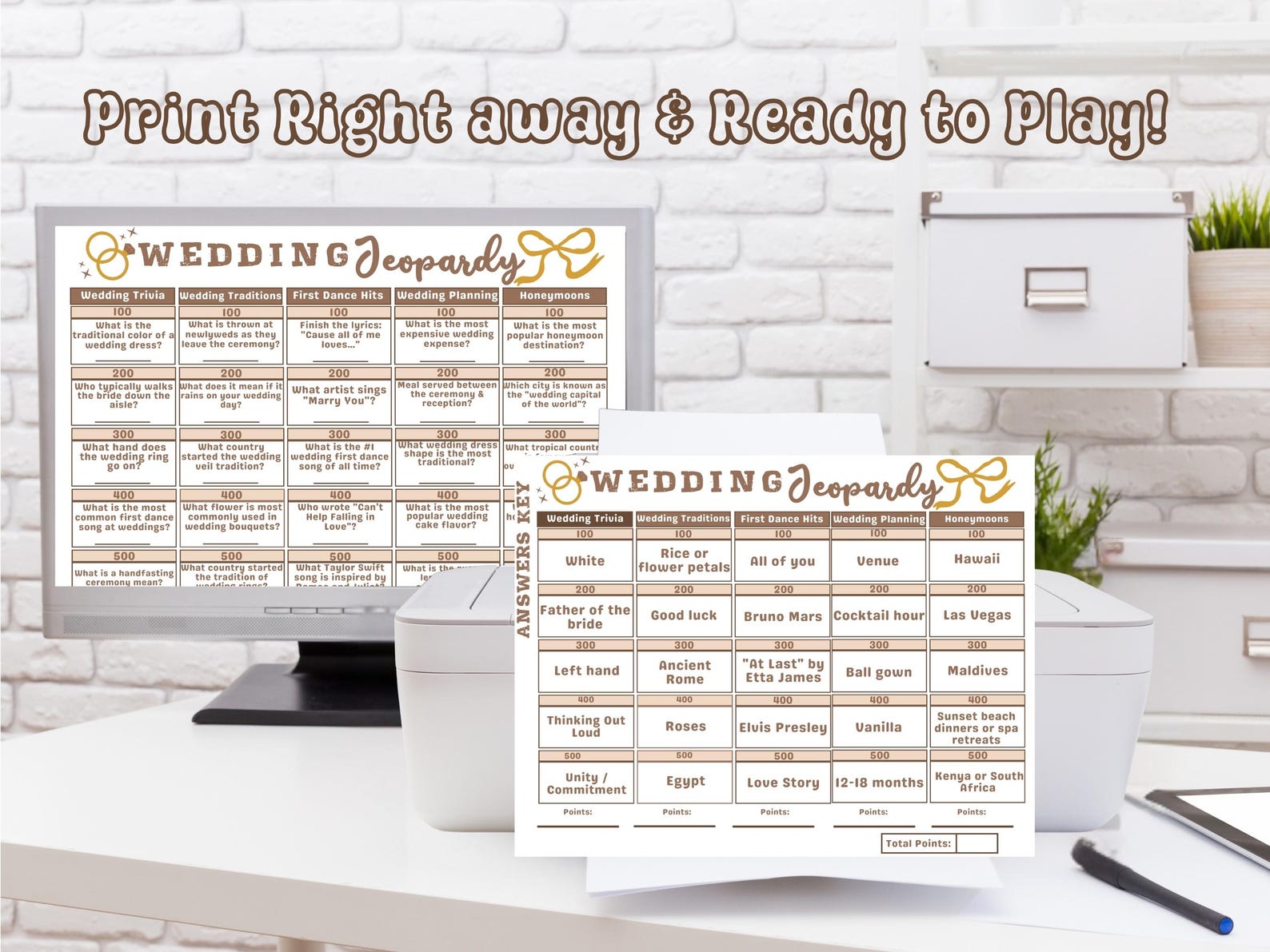 Elegant Brown Wedding Jeopardy Game Printable Wedding Reception Game ...