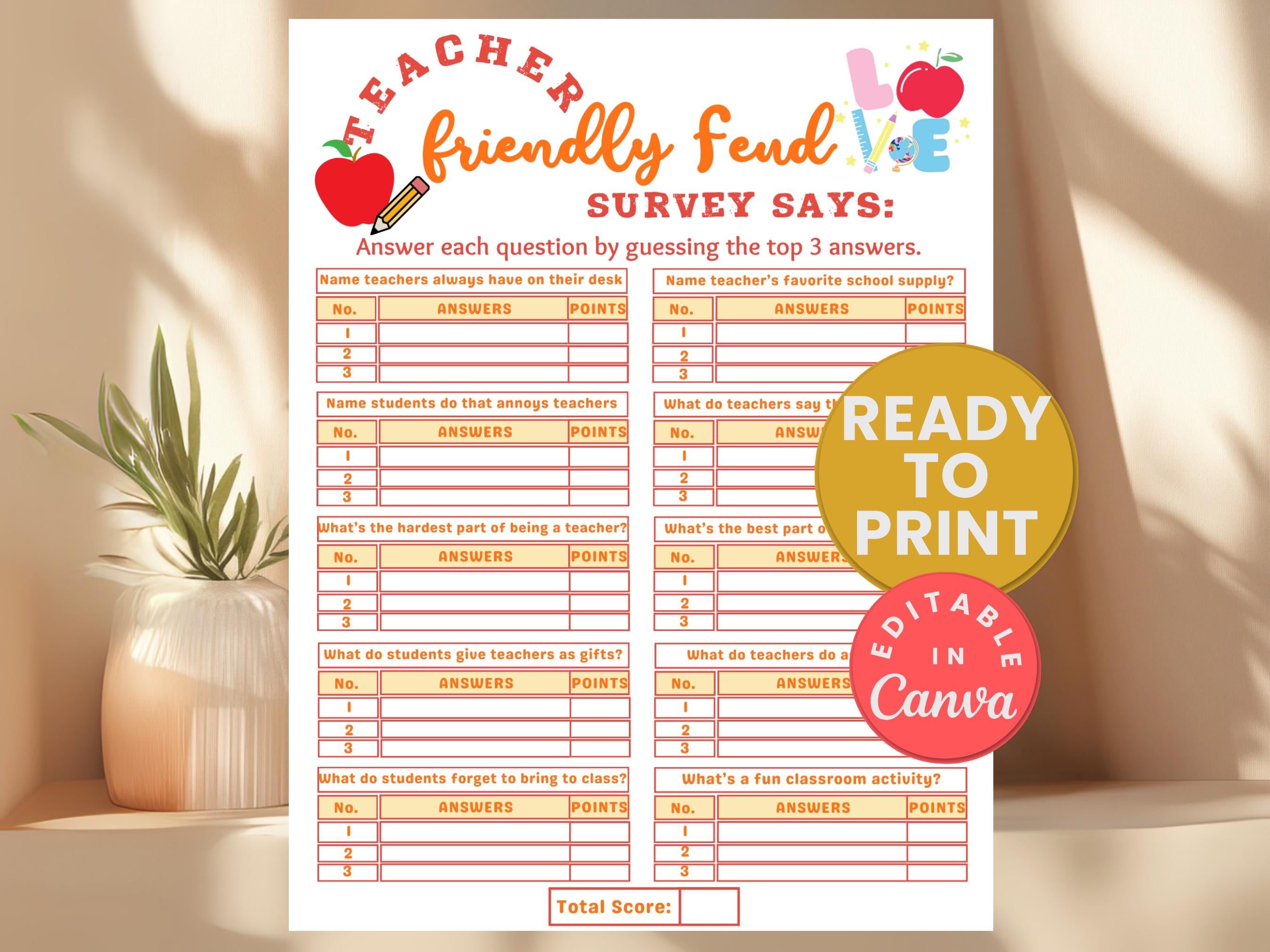 Printable Teacher Feud Game Teacher Appreciation Week Teacher Trivia ...