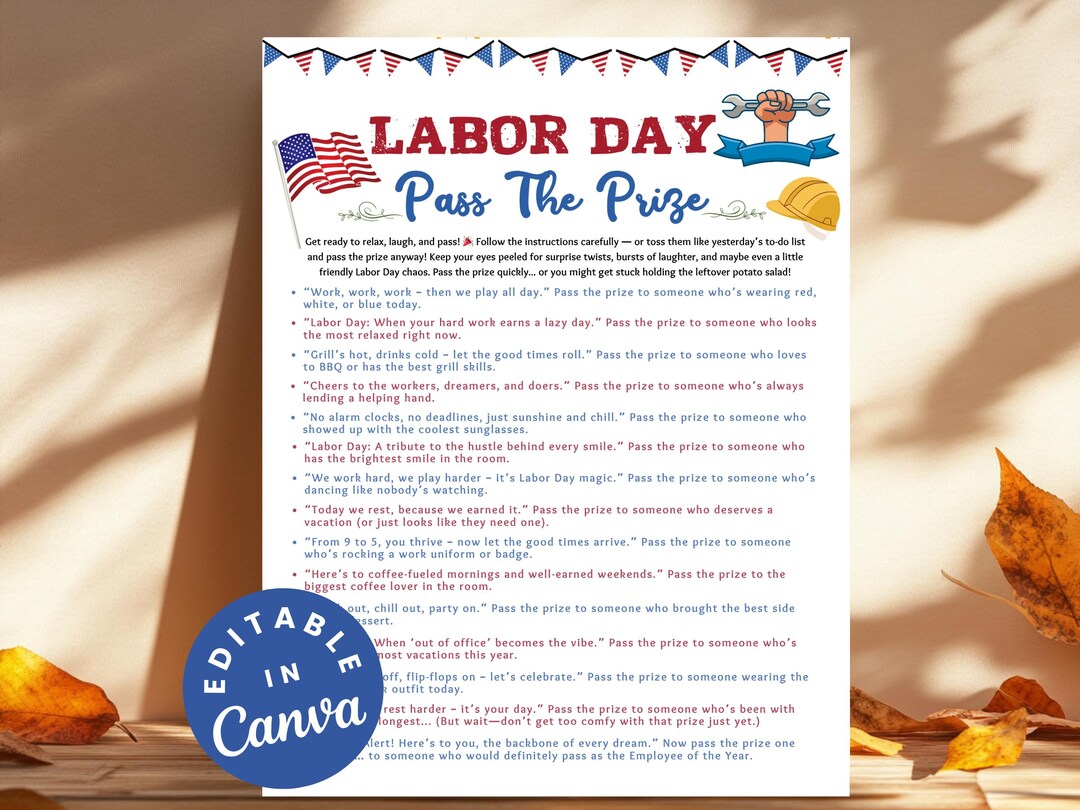 Patriotic Pass the Prize Game Sheet Printable Labor Day Party Activity ...