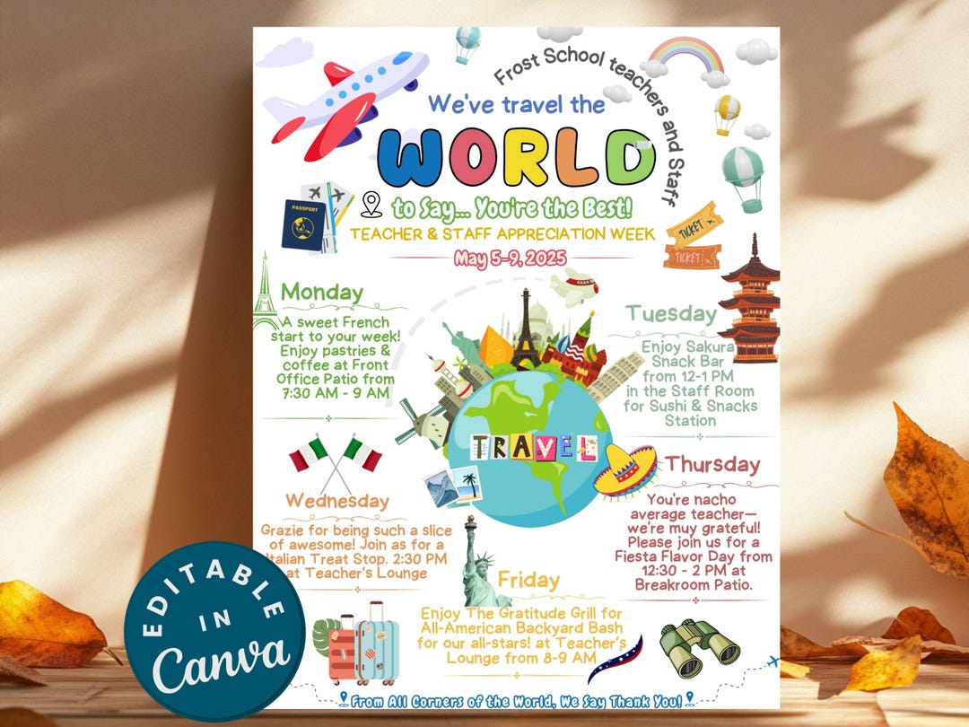 Around the World Teacher Appreciation Week Itinerary Editable ...