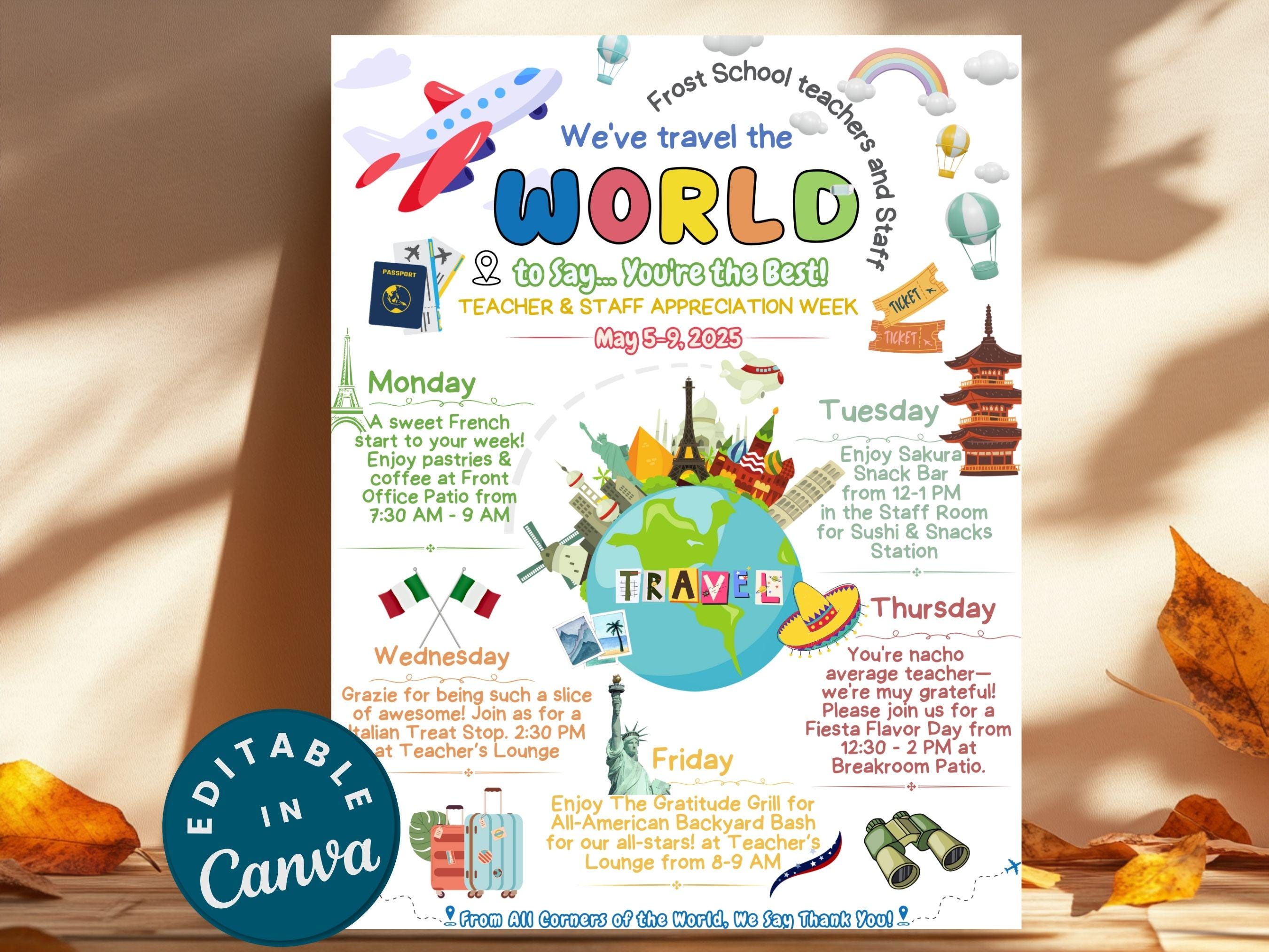 Around the World Teacher Appreciation Week Itinerary Editable ...
