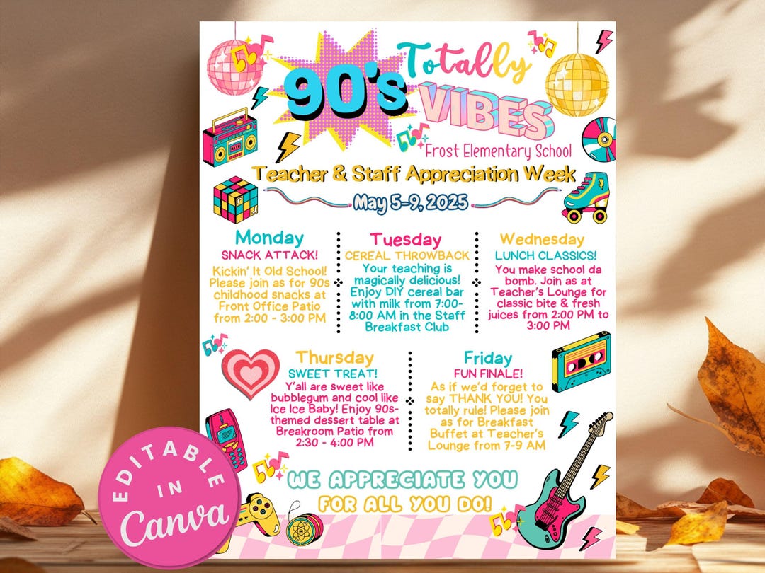 90s Theme Teacher Appreciation Week Retro Itinerary Template, Editable ...