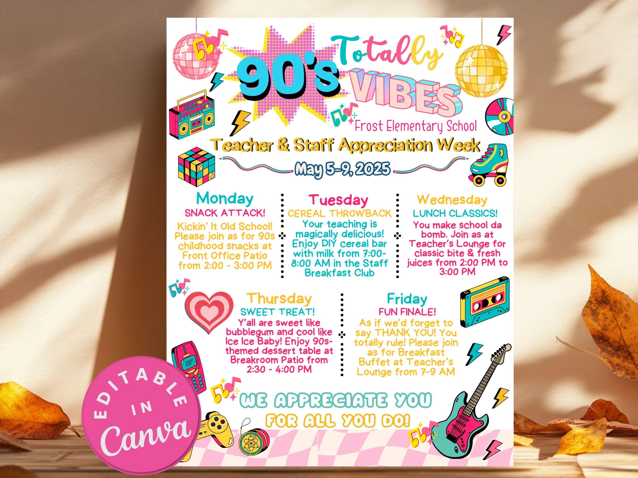 90s Theme Teacher Appreciation Week Retro Itinerary Template, Editable ...