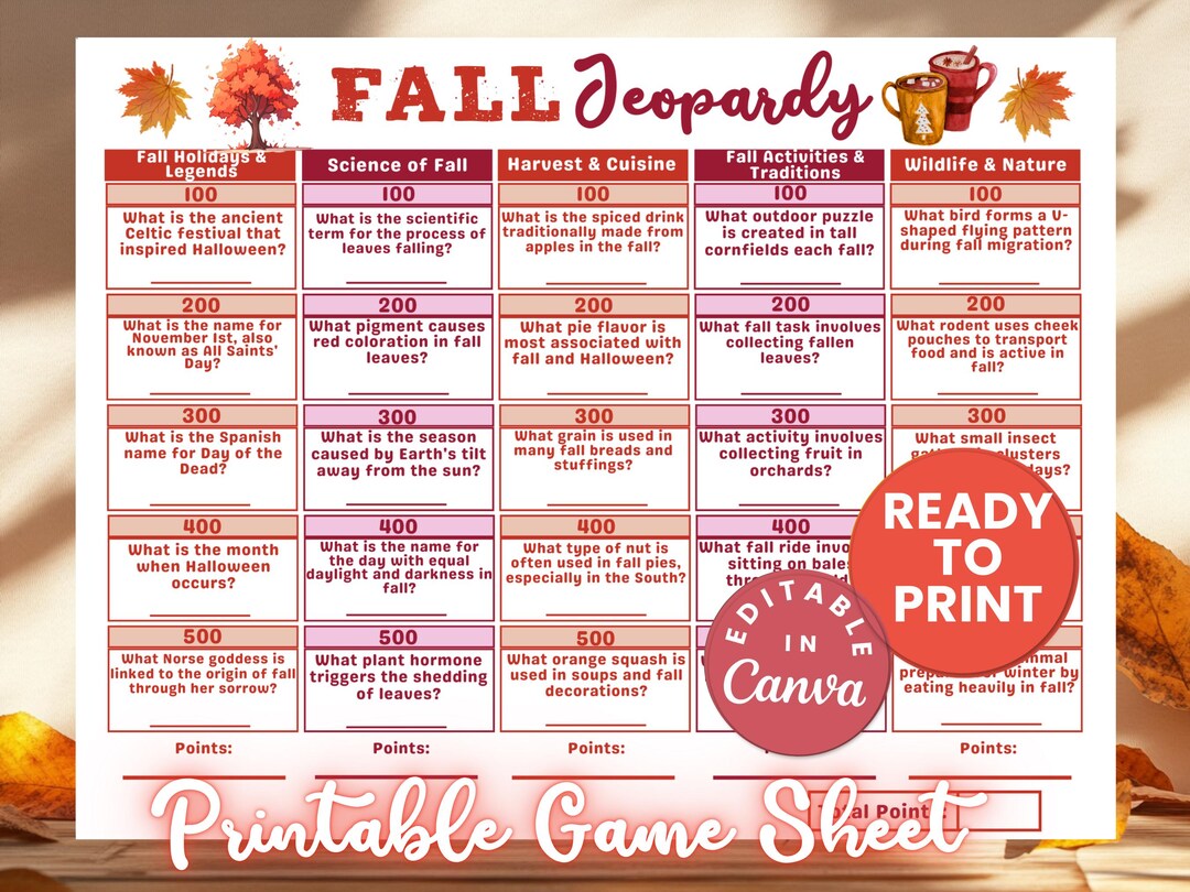 Fall Jeopardy Game Sheet Printable Autumn Trivia for Family Game Night ...