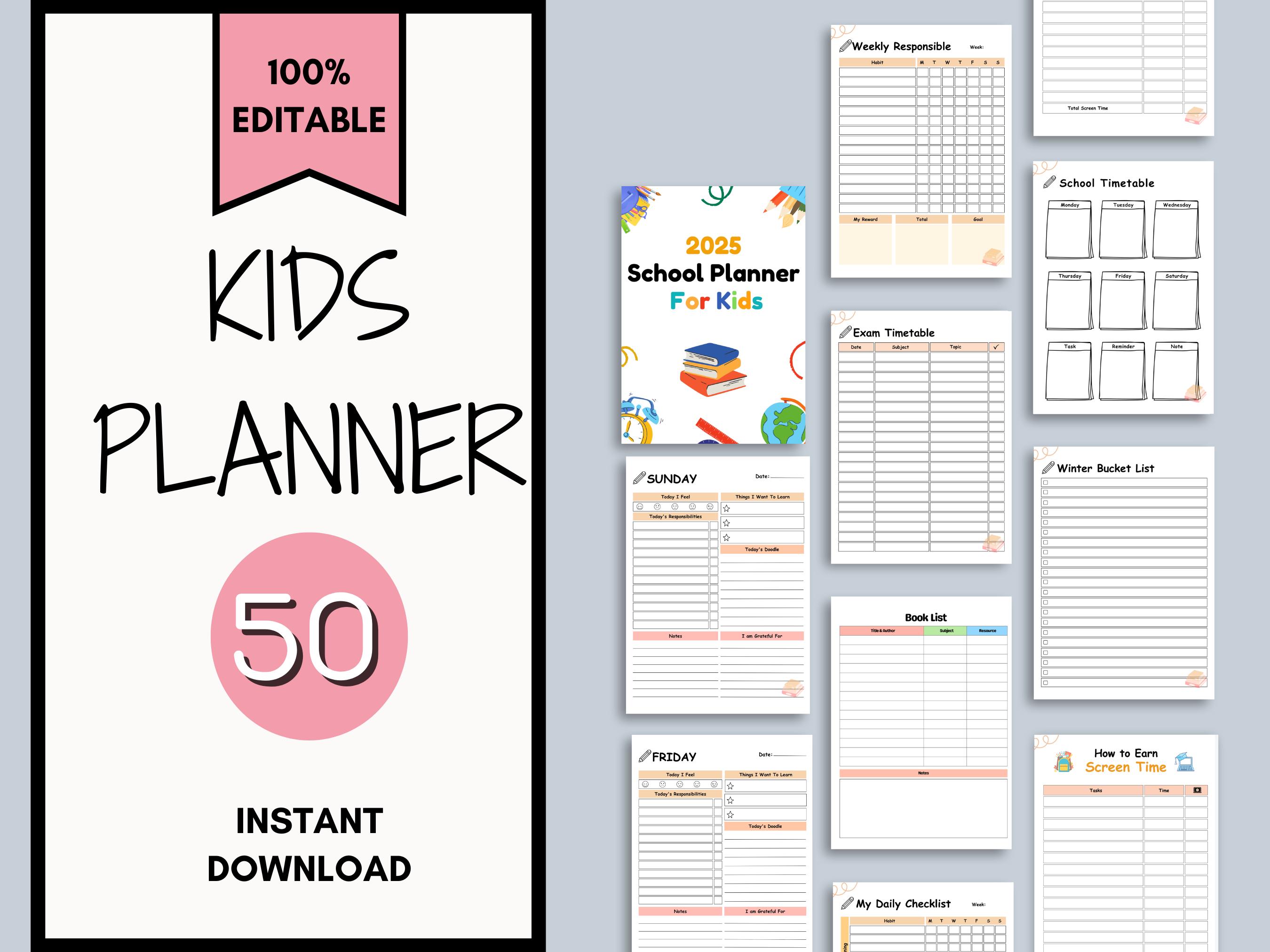 Editable Kids School Planner 2025: Printable Study Calendar (canva) - Etsy