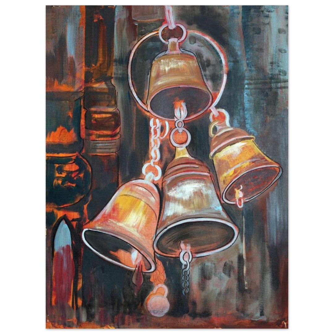 Bells of Time art Print Indian Spiritual Bells Art Rustic Temple Bells ...