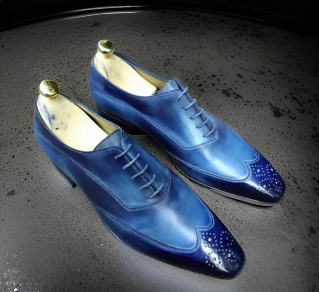 New Men's Handmade Formal Shoes Blue Shaded Leather Lace up Stylish ...