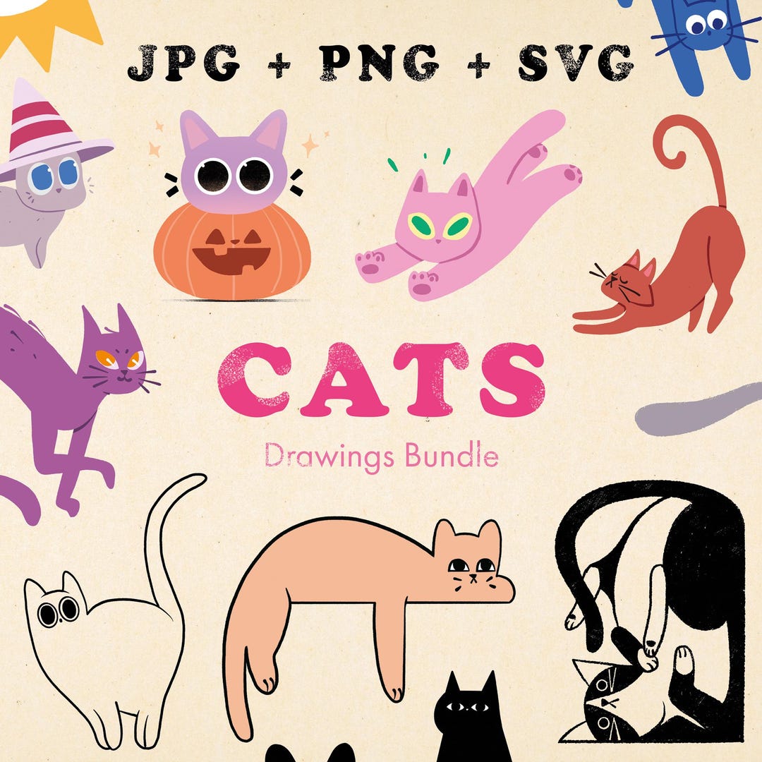 Cats Drawings Bundle, Hand-drawn Kitties, Cat Clipart, Mixed Animal ...