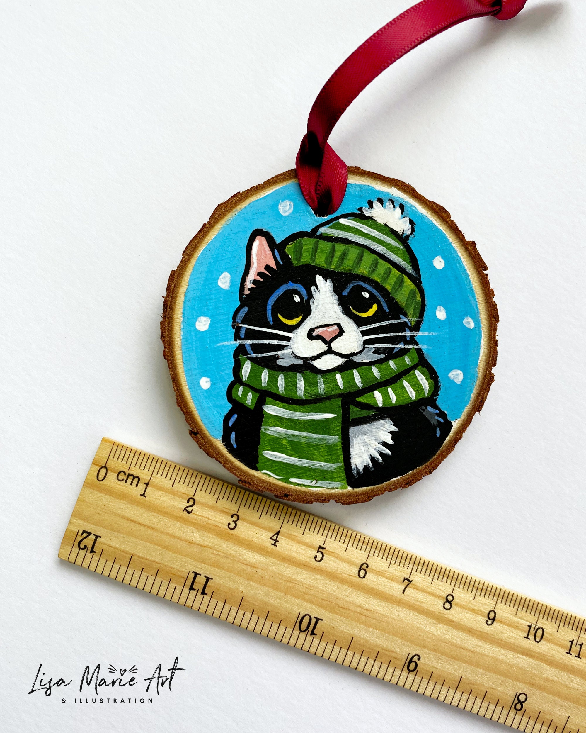 Winter Cats Hat & Scarf Tree Decorations, Hand Painted Rustic Wood ...