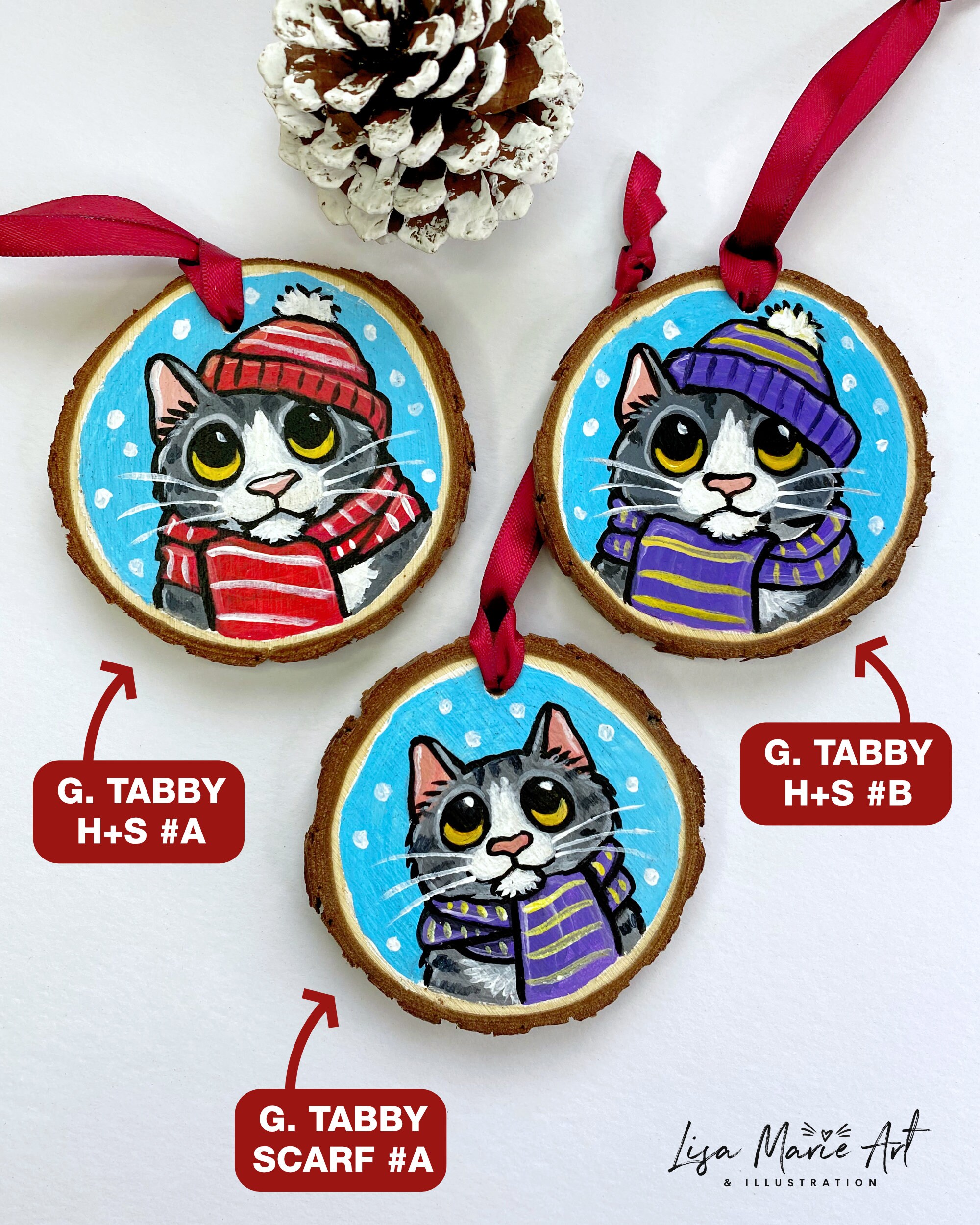 Winter Cats Hat & Scarf Tree Decorations, Hand Painted Rustic Wood ...